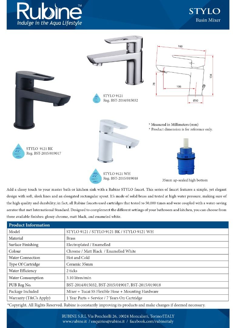 Rubine Stylo Basin Mixer Tap 9121/9121-BK/9121-WH Bathroom Wash Basin ...