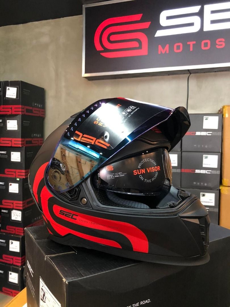 SEC Hero Full Face Dual Visor Helmet (Black/Red) on Carousell