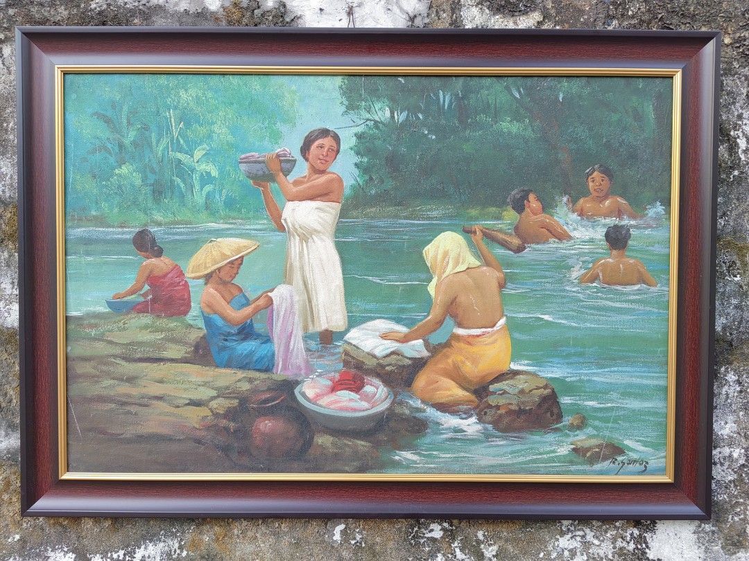 Vintage 1970s "Kasayahan sa Karayan" Painting Made by a Mabini Artist R ...
