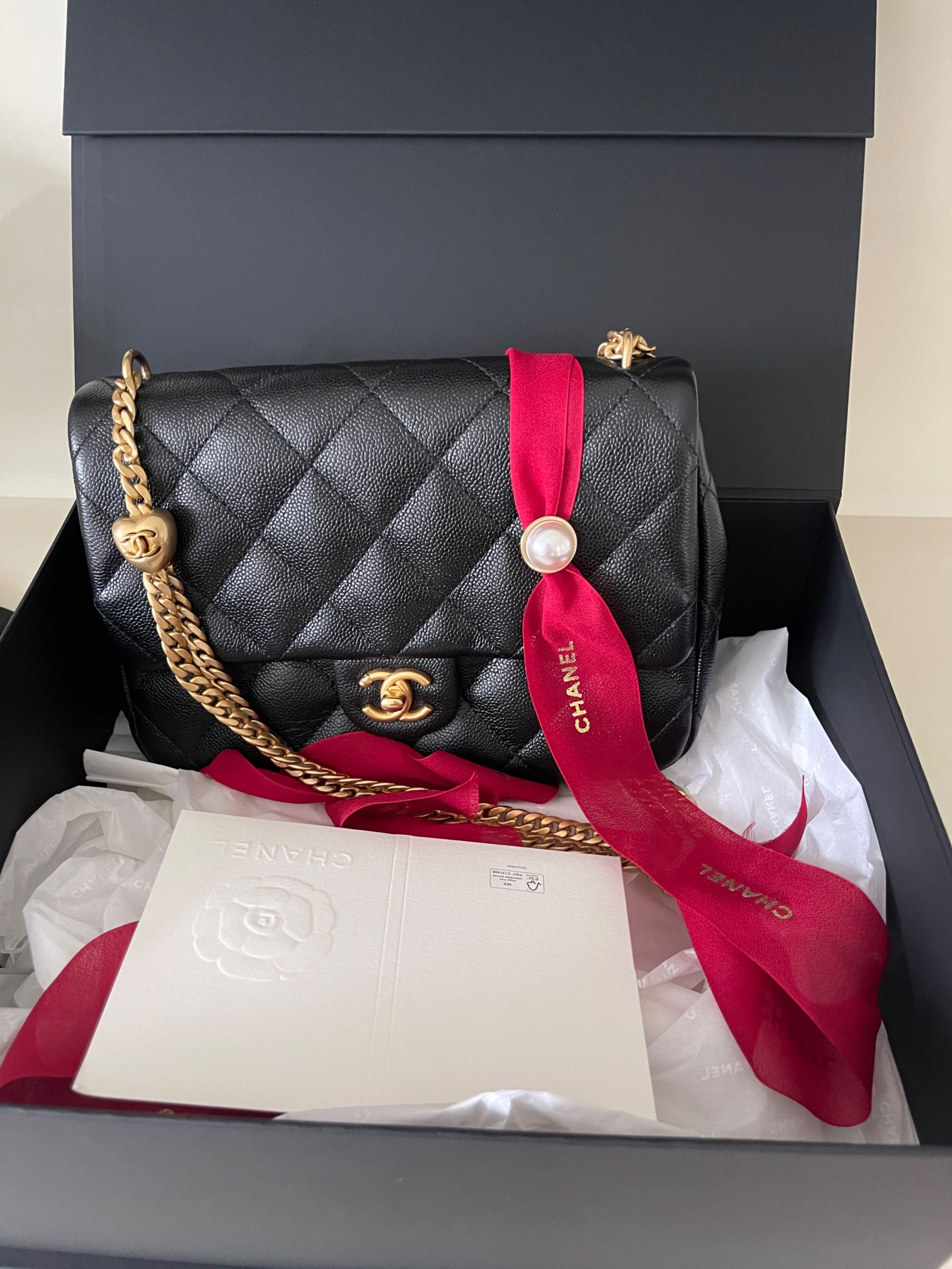 23P Chanel Caviar Black Flap Adjustable Heart - 24CM, Luxury, Bags ...