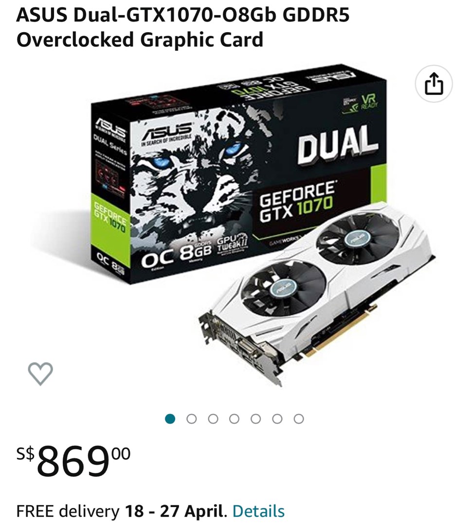 ASUS Dual-GTX1070-O8Gb GDDR5 Overclocked Graphic Card, Computers & Tech, Parts & Accessories ...