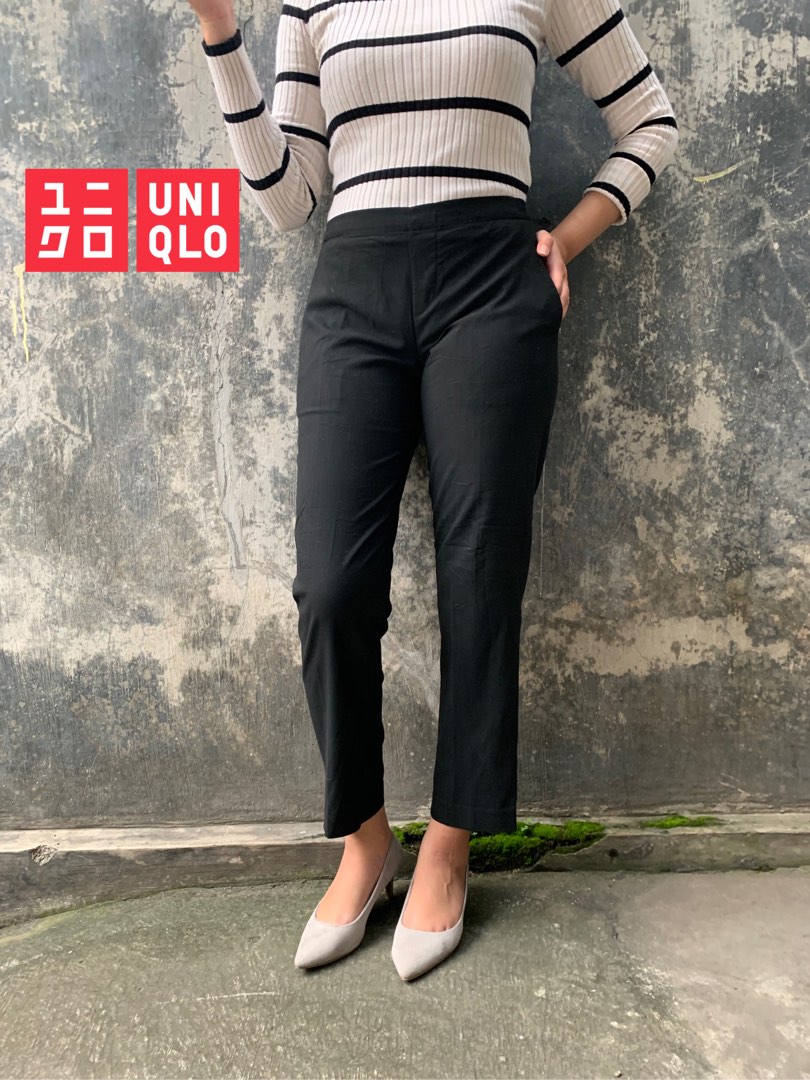 Celana uniqlo bahan hitam ankle pants highwaist black kerja office ...