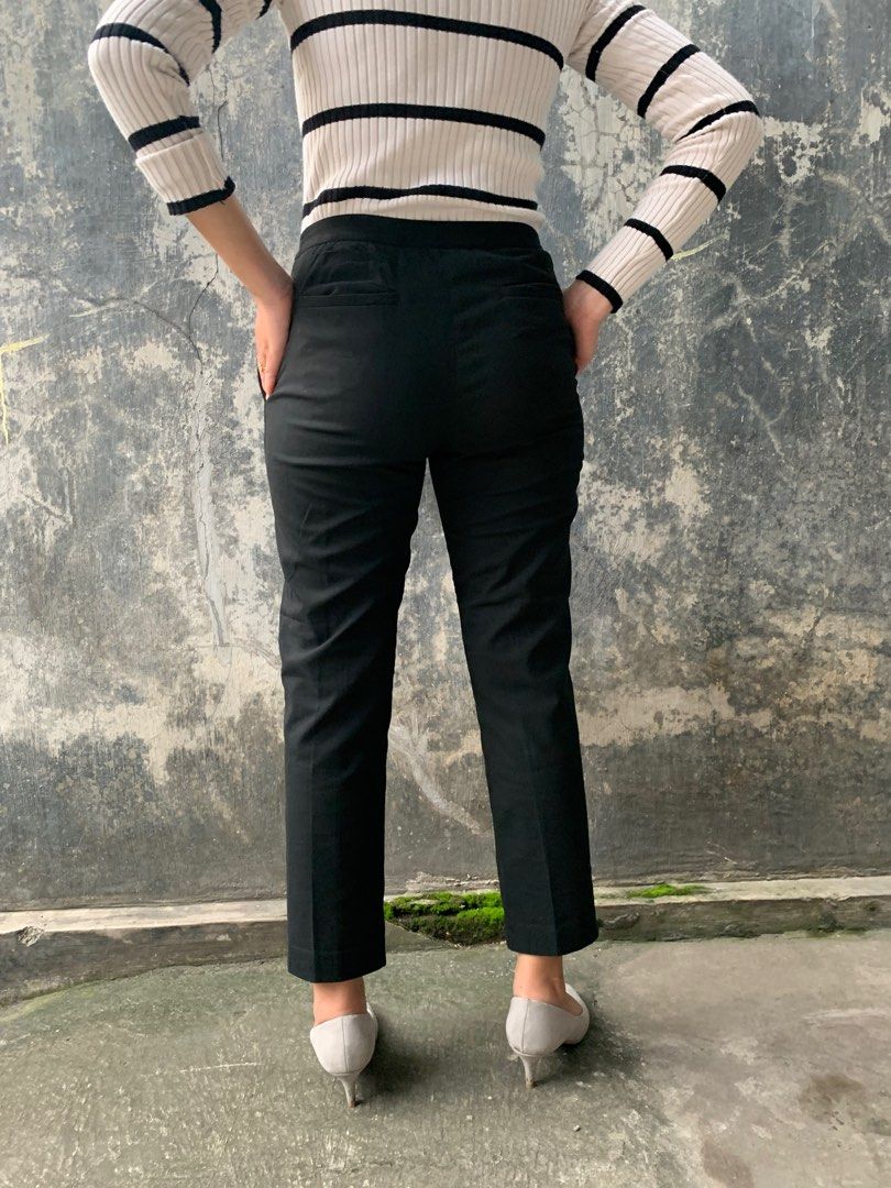 Celana uniqlo bahan hitam ankle pants highwaist black kerja office ...