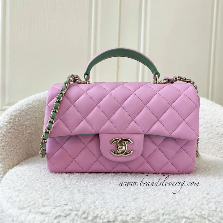 Chanel 23P Top Handle Mini Rectangular Flap in Pink and Green Lambskin ...