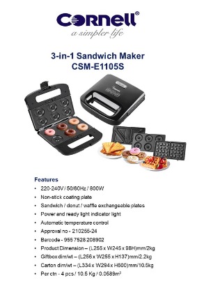 Cornell 3-in-1 Waffle, Donut & Sandwich Maker Non-Stick Coating Plate ...