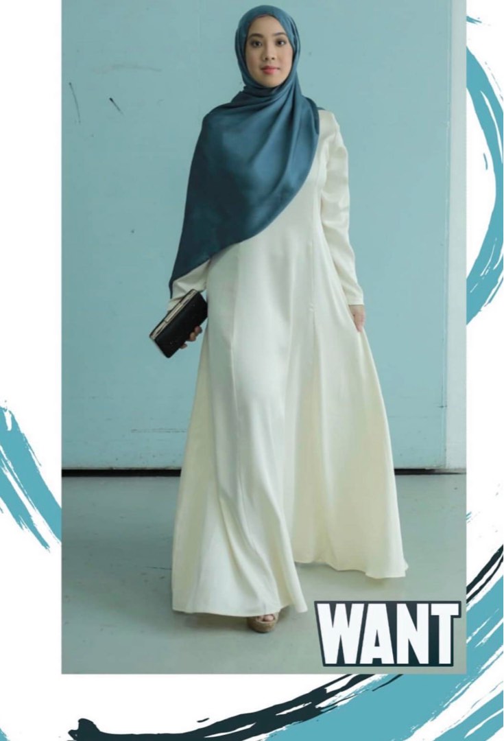 Cream long satin dress/abaya by Rania Raisha, Women's Fashion, Muslimah ...