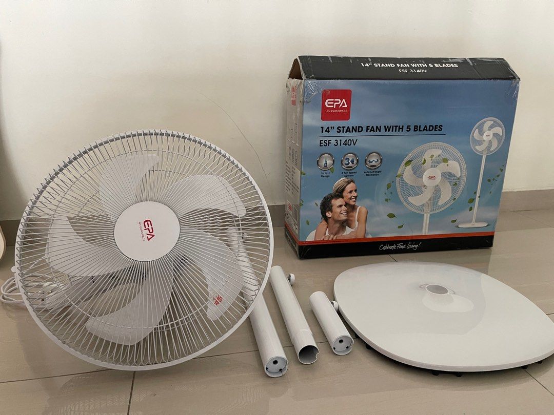 EuropAce 14" White Stand Fan with 3 Convertible Height & 5 Blades - ESF ...