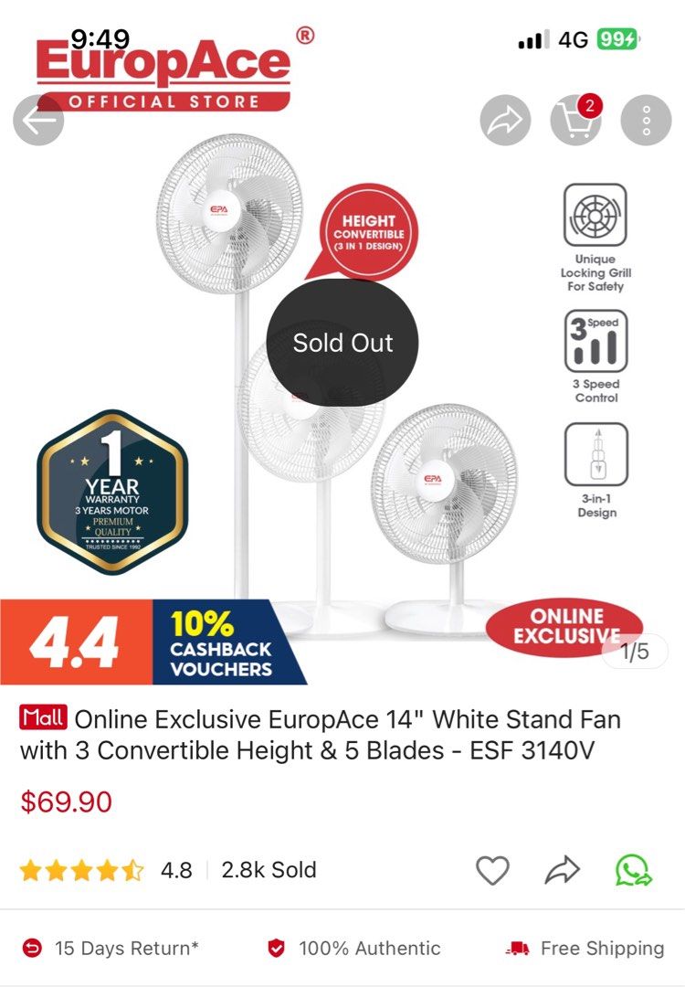 EuropAce 14" White Stand Fan with 3 Convertible Height & 5 Blades - ESF ...