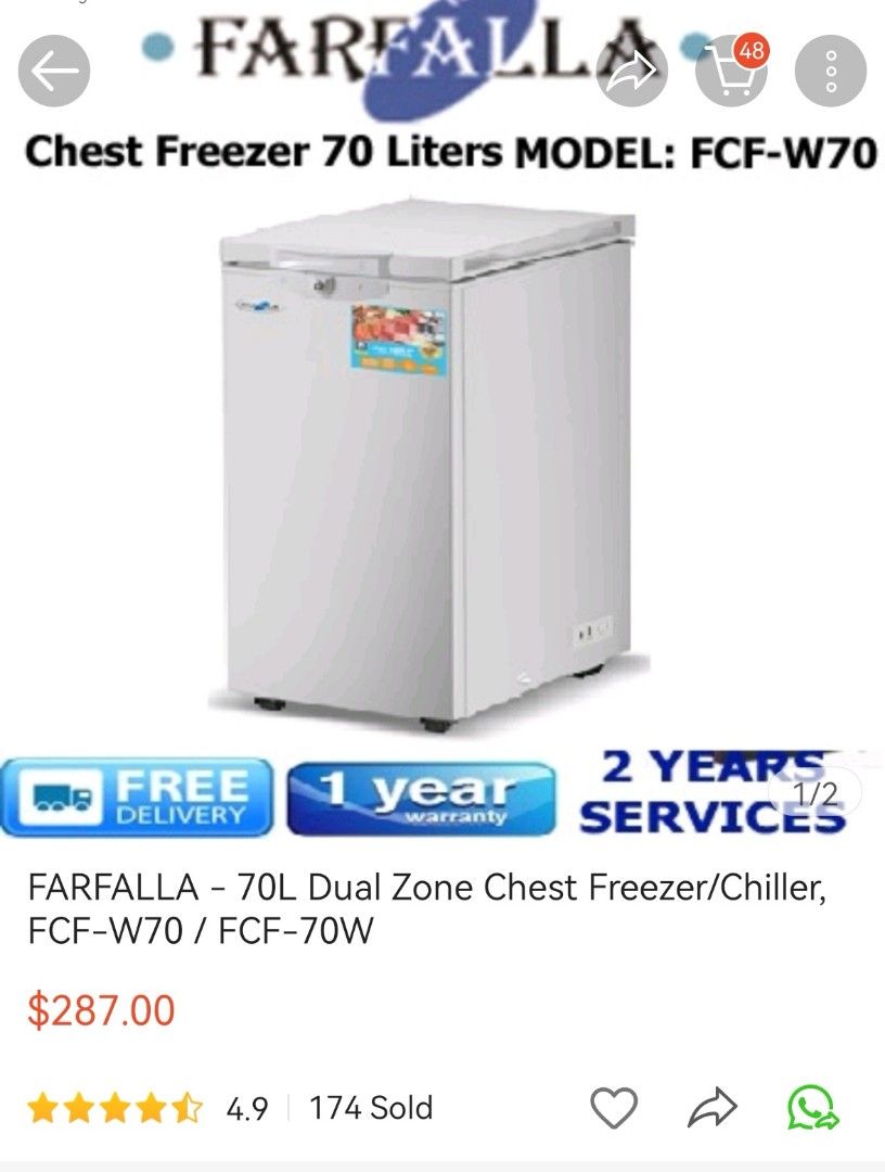 FARFALLA - 70L Dual Zone Chest Freezer/Chiller, FCF-W70 / FCF-70W, TV & Home Appliances, Kitchen ...
