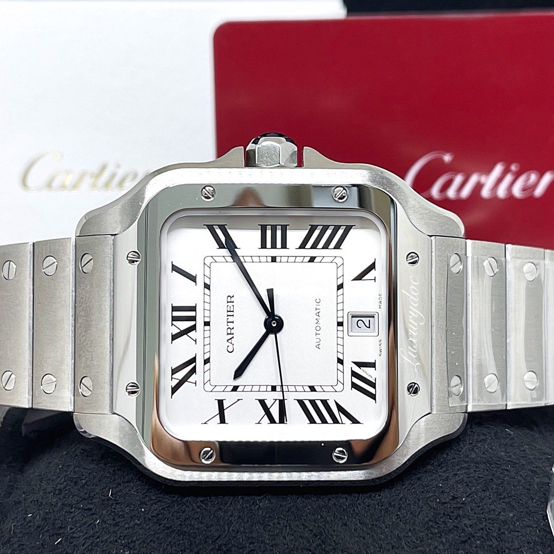 FS.BNIB CARTIER SANTOS DE CARTIER LARGE MODEL AUTOMATIC SILVER DIAL STAINLESS STEEL WATCH ...