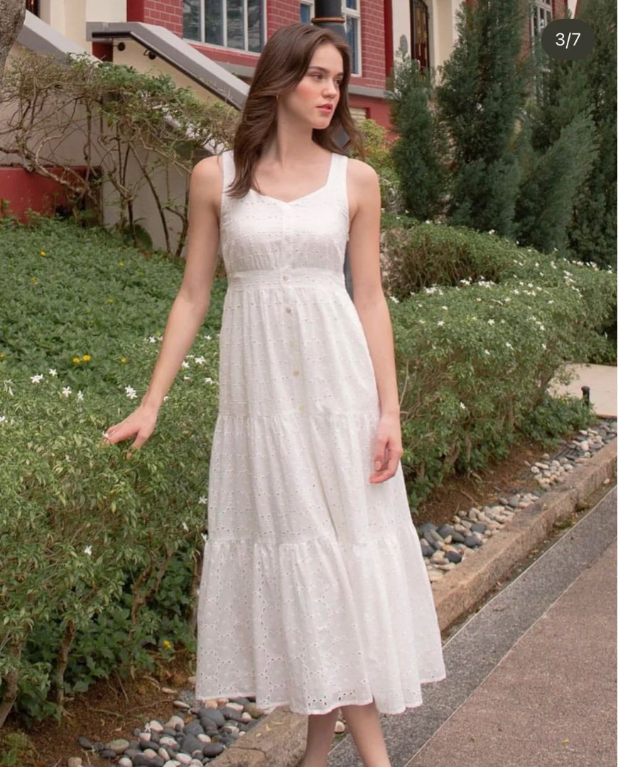 HAZEL EYELET TIER MIDI WHITE, Women's Fashion, Dresses & Sets, Dresses ...