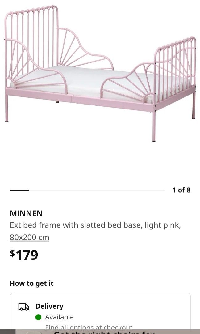 IKEA extendable single bed, light pink, 80x200 cm(original $179 ...