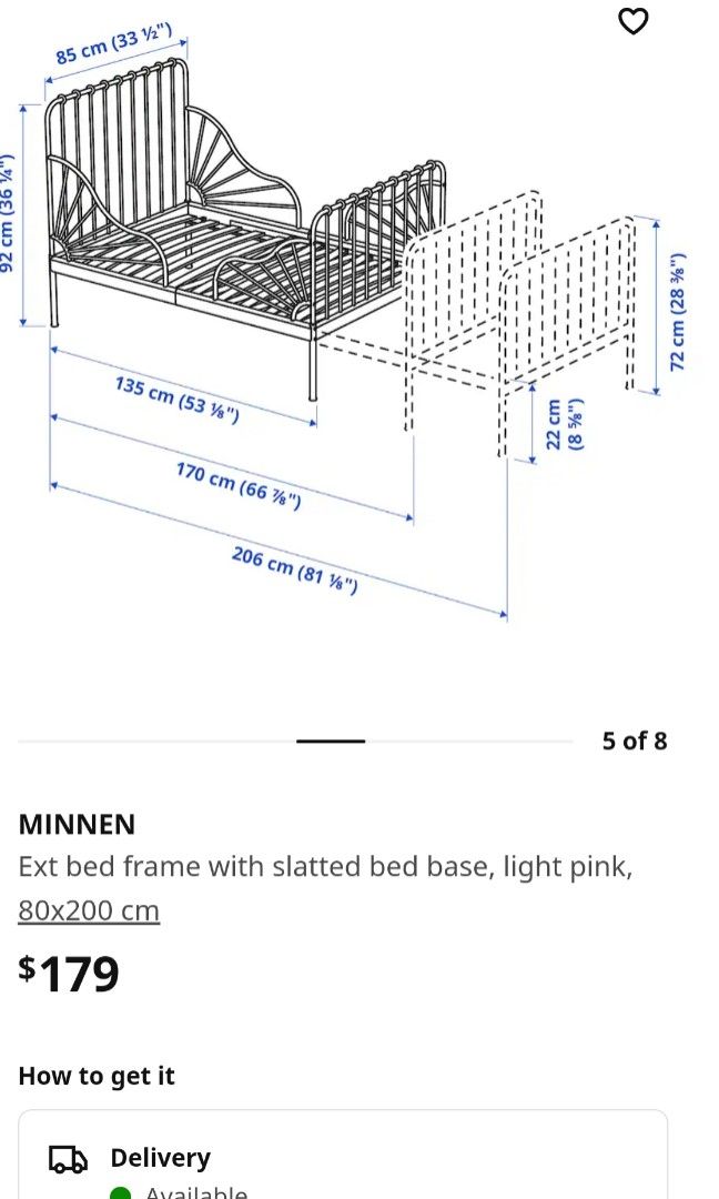 IKEA extendable single bed, light pink, 80x200 cm(original $179 ...
