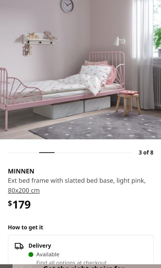 IKEA extendable single bed, light pink, 80x200 cm(original $179 ...