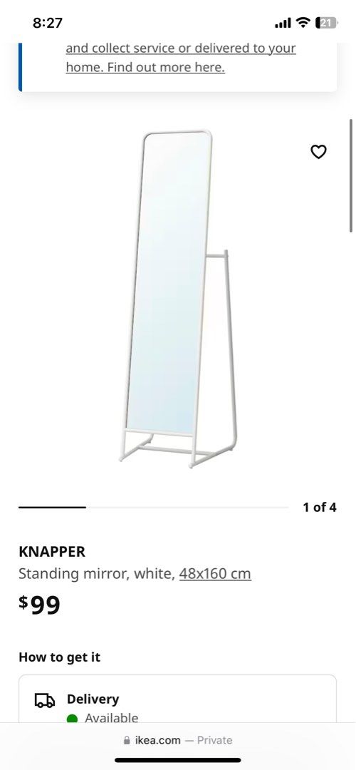 IKEA KNAPPER Standing mirror, white, 48x160 cm, Furniture & Home Living ...