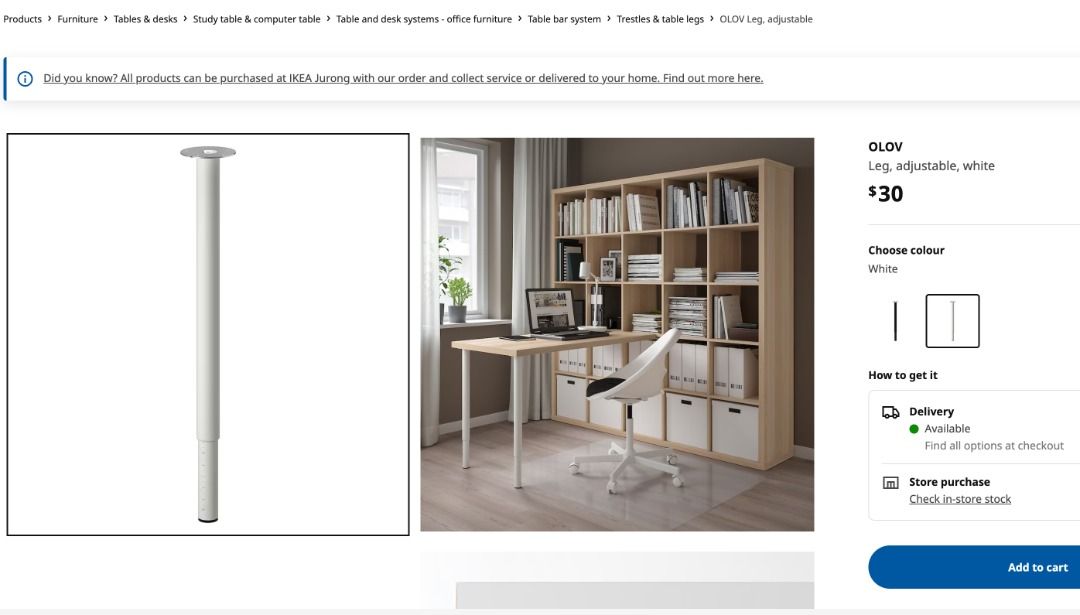 IKEA OLOV Leg, adjustable, white, Furniture & Home Living, Furniture ...