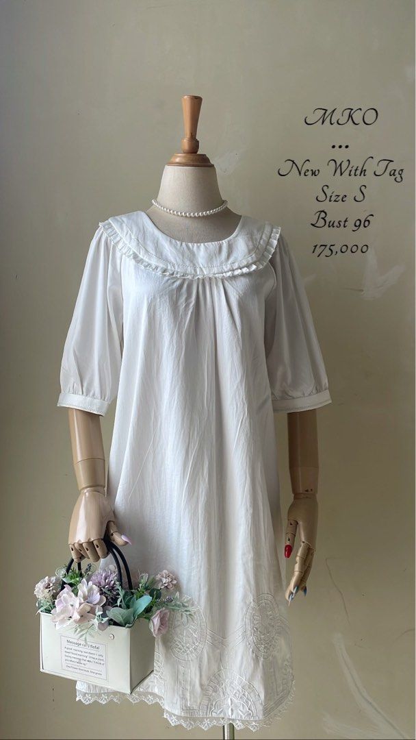 Midi dress putih polos lengan puff renda lace brukat brokat Mko baru ...