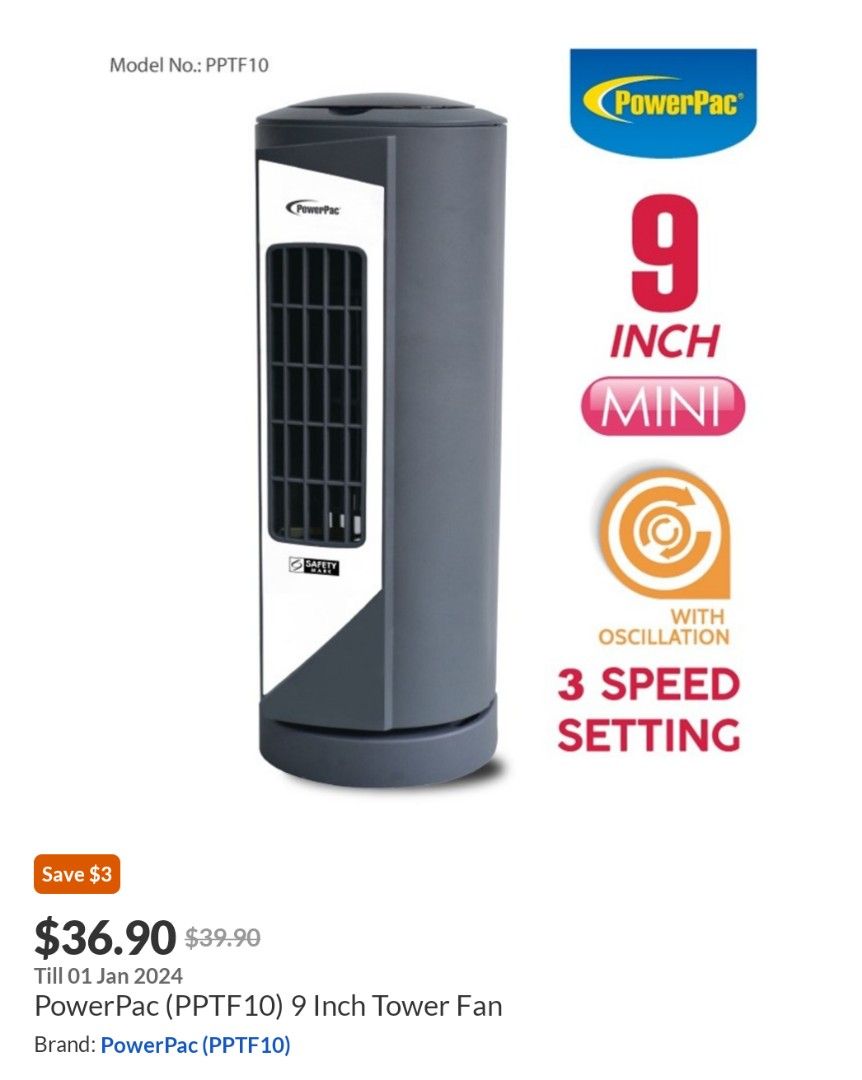 PowerPac 9 inches Mini Tower, Furniture & Home Living, Lighting & Fans ...