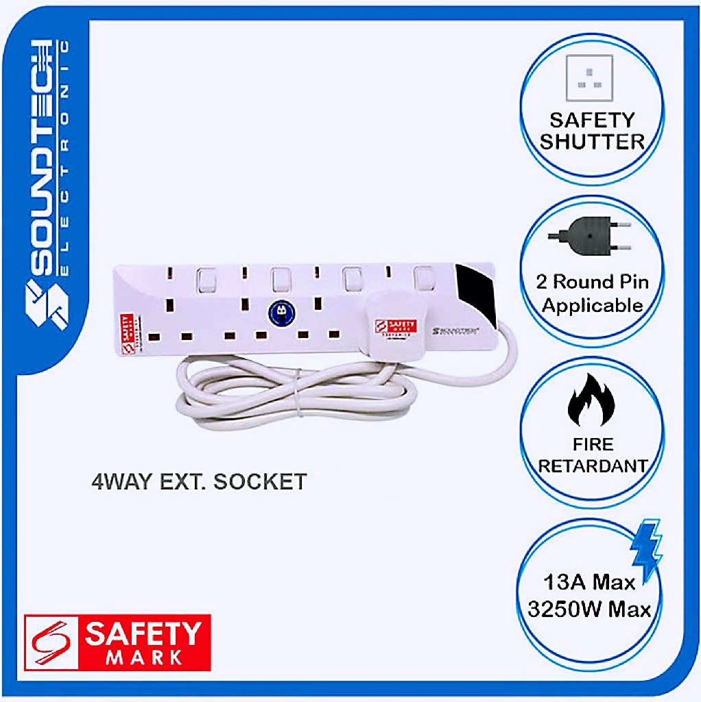 SOUNDTEOH 4-Way Electrical Extension Socket Cable Plug Powerpoint ...