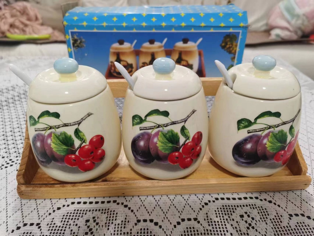 3 piece salt/sugar container with a wood stand, Furniture & Home Living ...