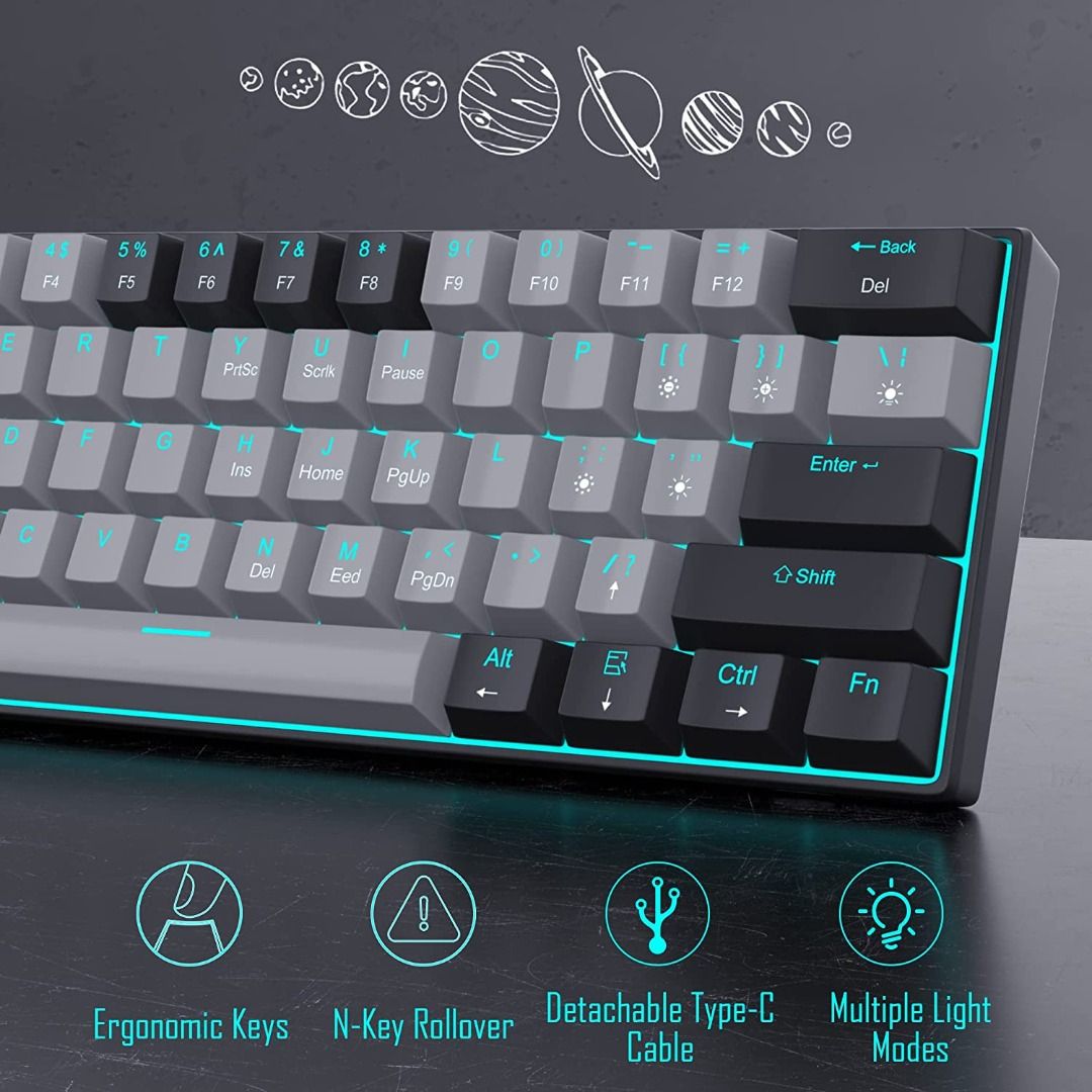 60 Percent Mechanical Gaming Keyboard, Black&Gray Mixed Color Keycaps ...