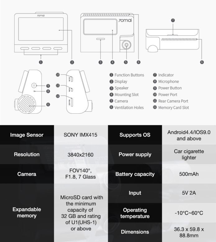 70mai 4K A800 FRONT & REAR Car Dash cam + 64GB | 24hr Parking ...