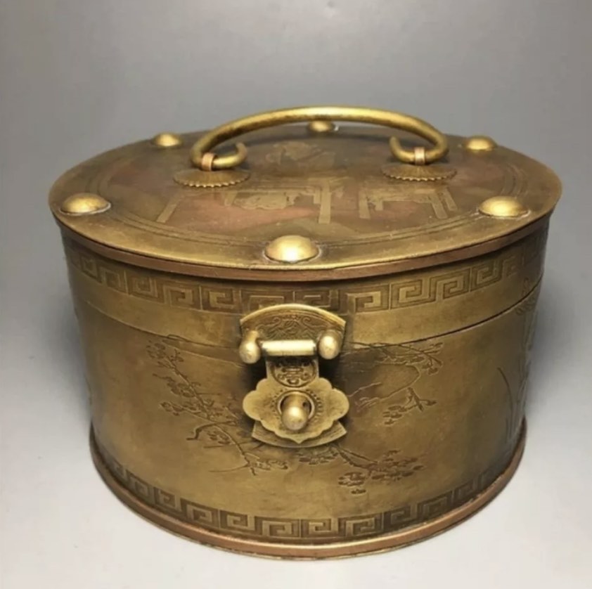 Antiques collectables-autograph collection of pure copper collectables Locked Brass Jewelry Box ...