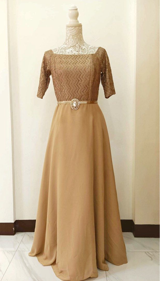 Beige Nude Evening Ninang Gown Dress, Women's Fashion, Dresses & Sets ...