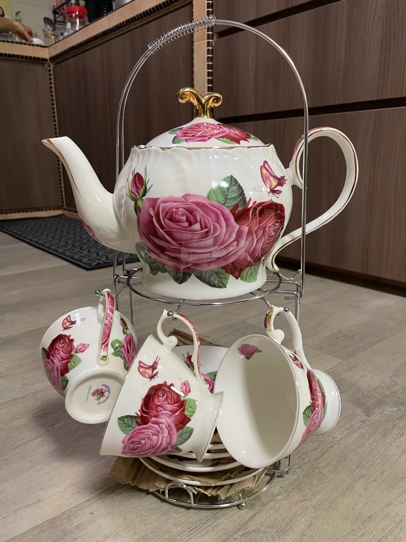 English Roses Tea Set with stand, Furniture & Home Living, Kitchenware ...