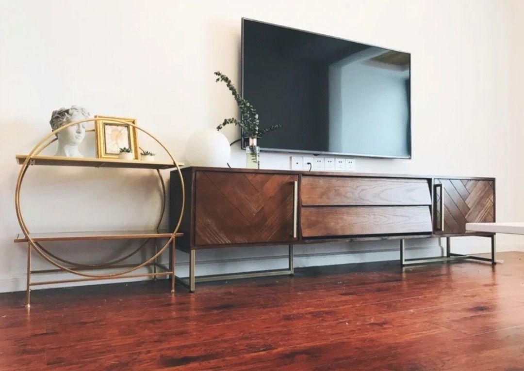 HERMIONE Herringbone Acacia Wood TV Console, Furniture & Home Living ...