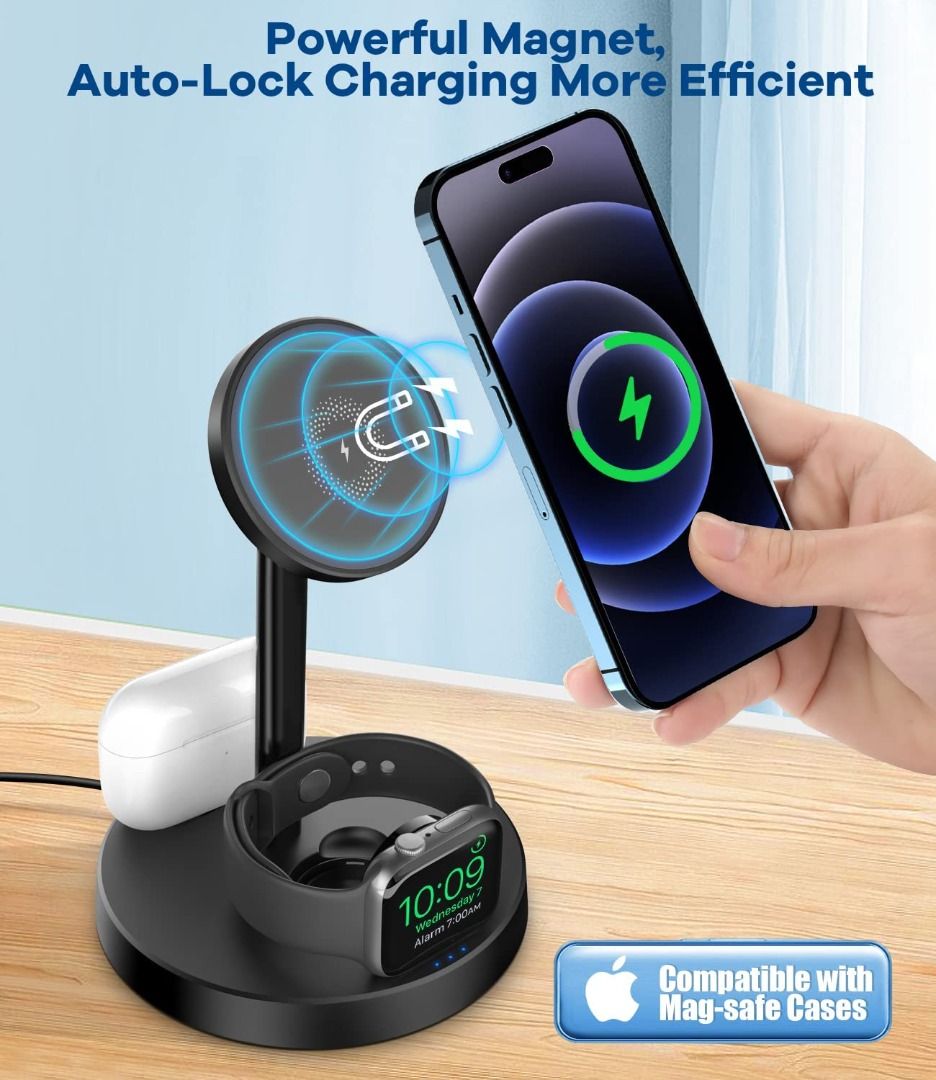 Mag-Safe 3 in 1 Wireless Charging Station, 15W Fast Magnetic Wireless ...