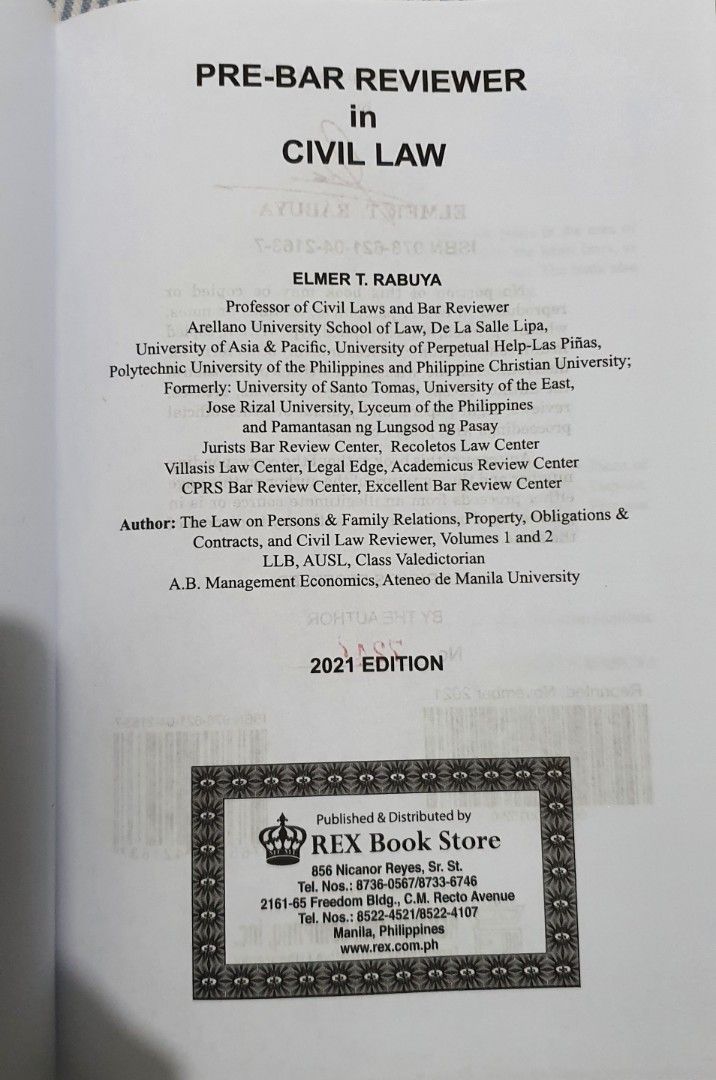 Pre-Bar Reviewer in Civil Law 2021 Edition by Elmer Rabuya, Hobbies ...