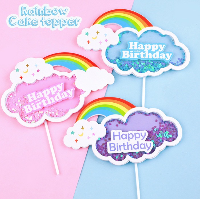 Rainbow topper happy birthday blue pink cake topper with ribbon cake ...
