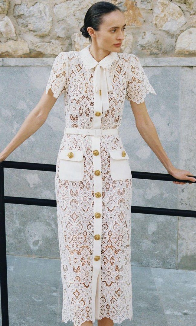 Self Portrait cream white lace floral Guipure midi maxi dress, Women's ...