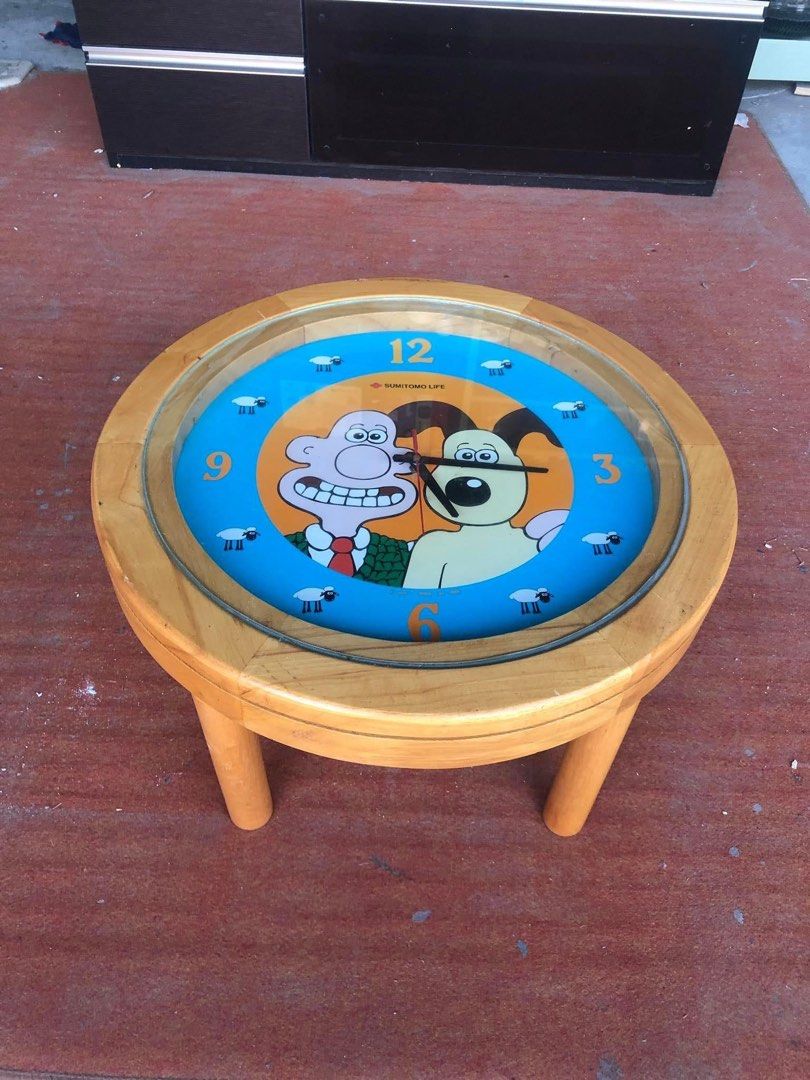 Solid wood glass top clock center table wallace and gromit on Carousell