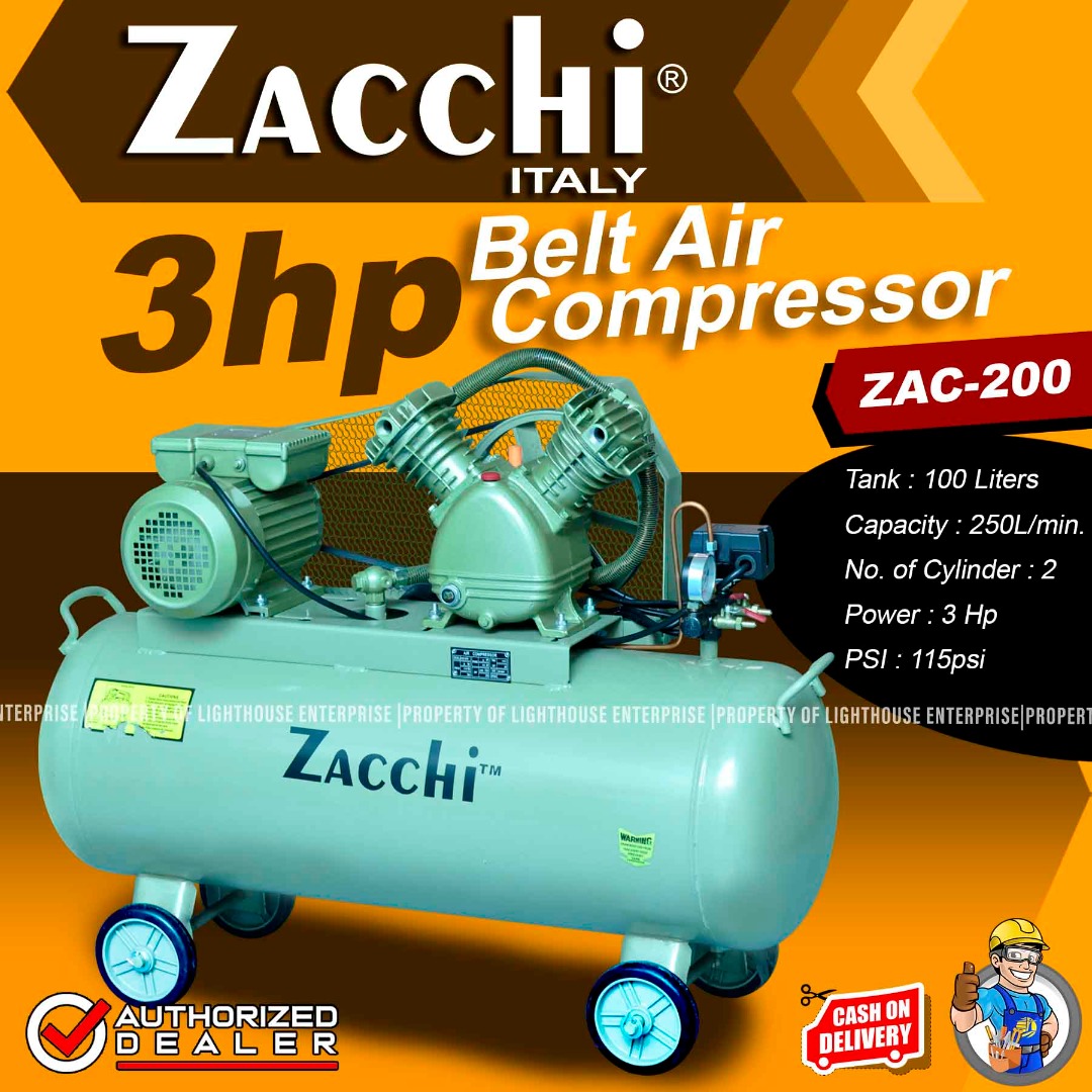 ZACCHI ITALY Industrial 3HP 100L Belt Driven Air Compressor (ZAC-200 ...