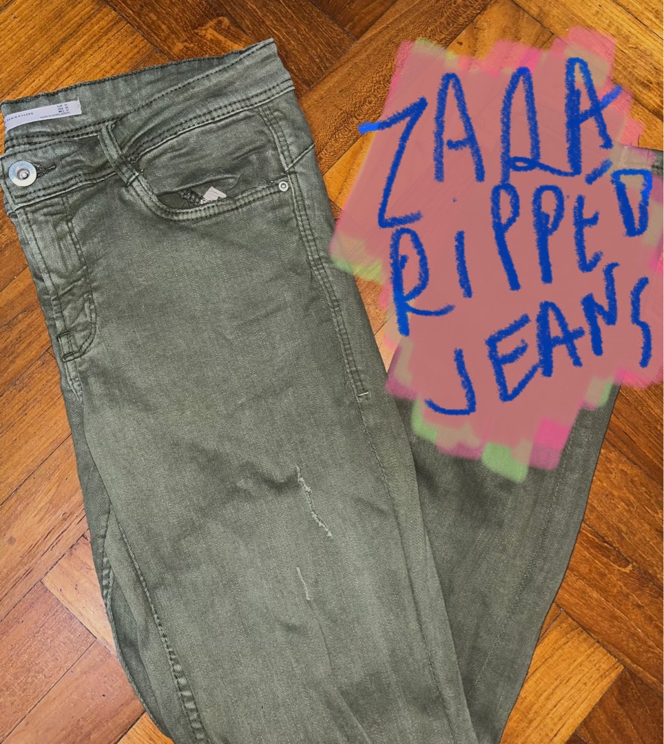Zara Dark Green Ripped Jeans, Women's Fashion, Bottoms, Jeans ...
