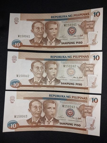 10 piso 10 pesos notes Mabini Bonifacio series, Hobbies & Toys ...