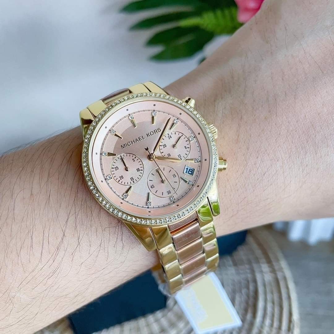 Authentic MK6475 Ritz Two Tone Gold and Rosegold Chronograph Watch on ...