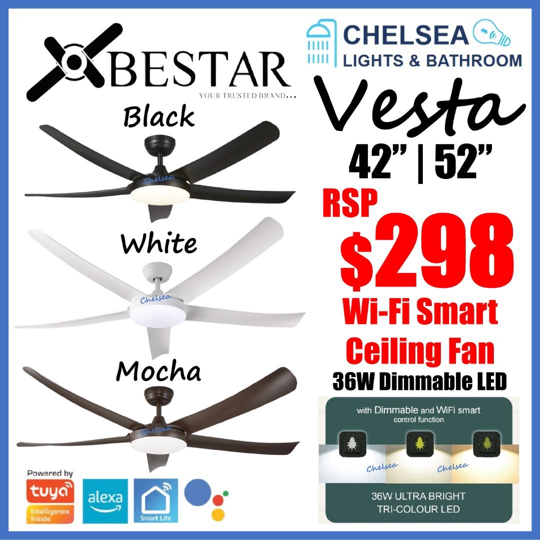 Bestar VESTA Wifi Ceiling Fan Dc Motor 36W Led Light Dimmable 42/52in - local seller Jurong ...