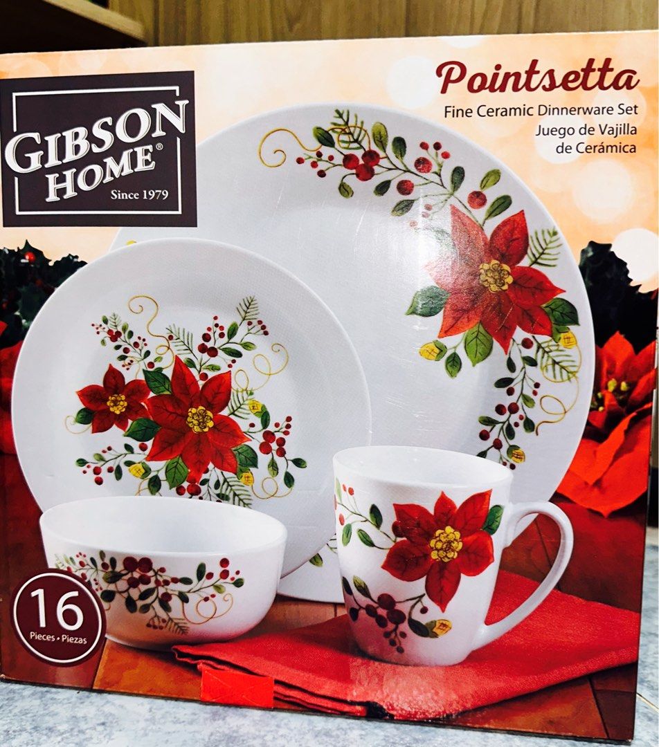 Gibson Home Magic Poinsettia Holiday Dinnerware 16 pieces set ...