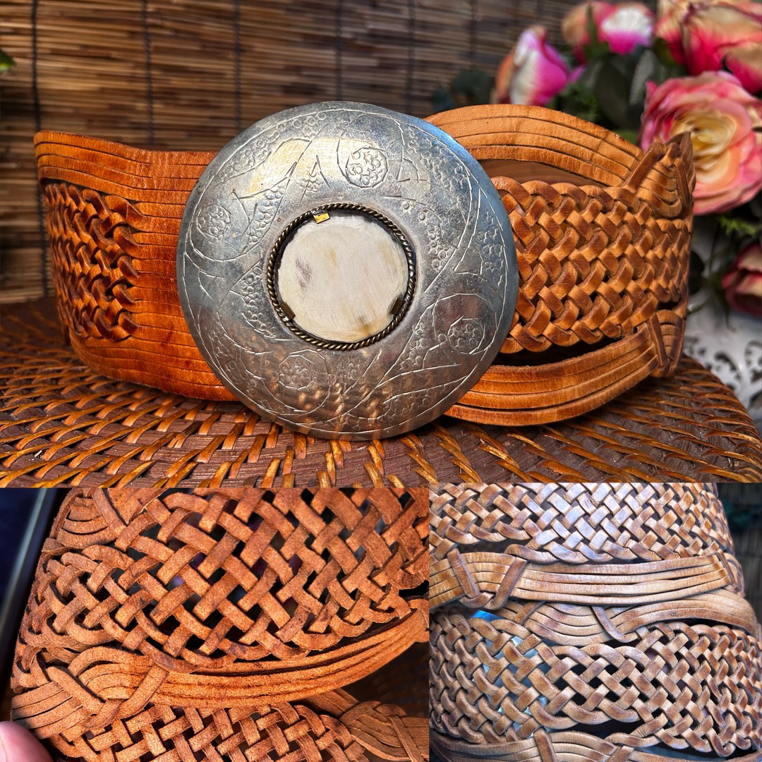 INTERLACE , Vintage GENUINE LEATHER (thic ) with SEMI PRECIOUSES STONE ...