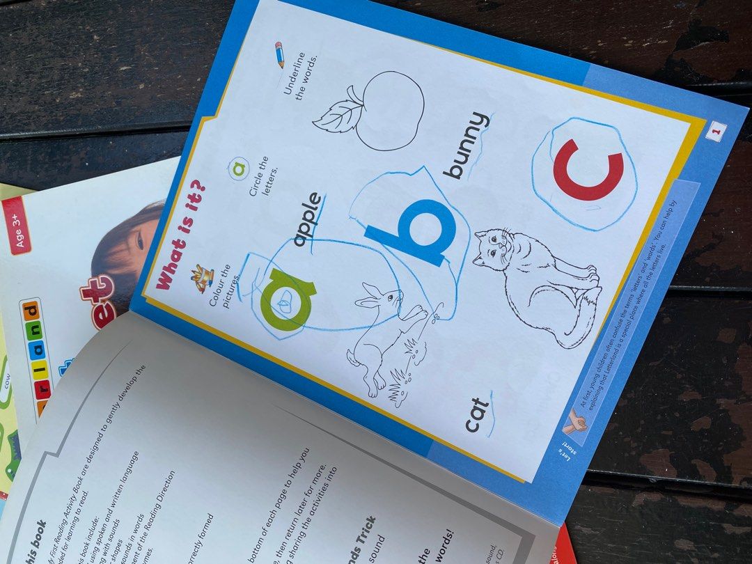 Letterland activity books, usborne sticker book and MOE math weekly ...