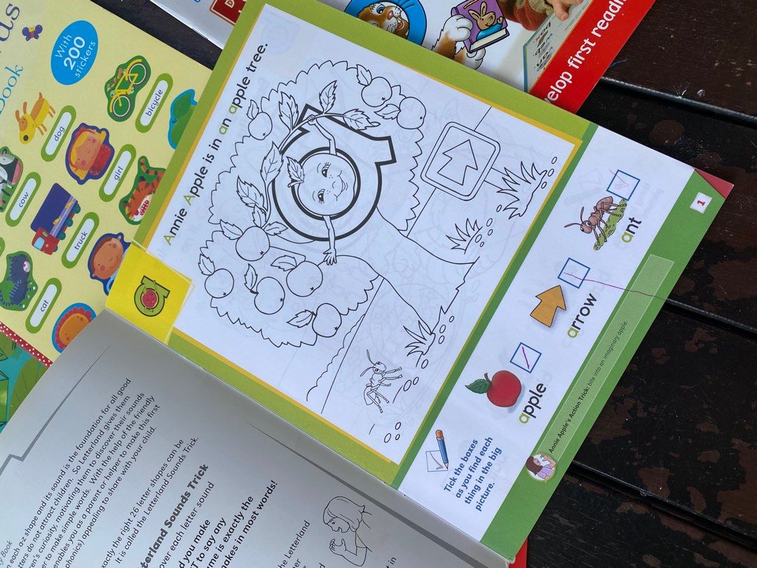 Letterland activity books, usborne sticker book and MOE math weekly ...