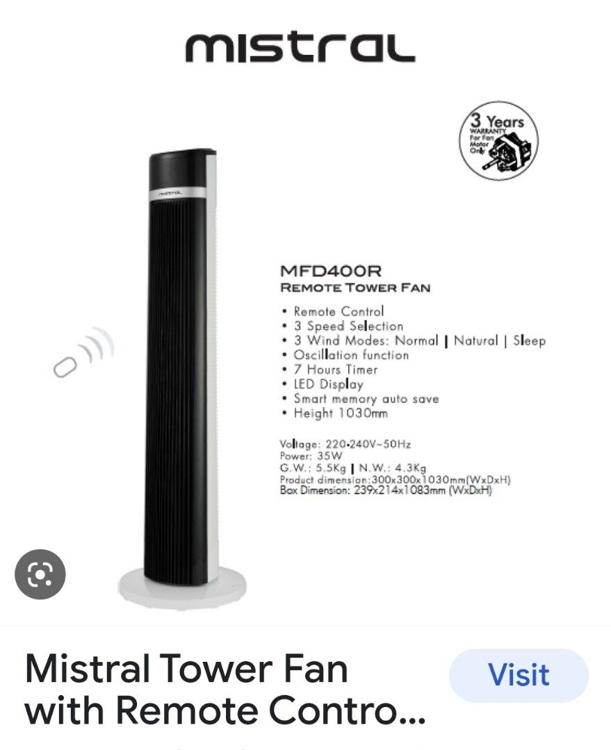 Mistral Tower Fan [Model MFD 400R], Furniture & Home Living, Lighting ...
