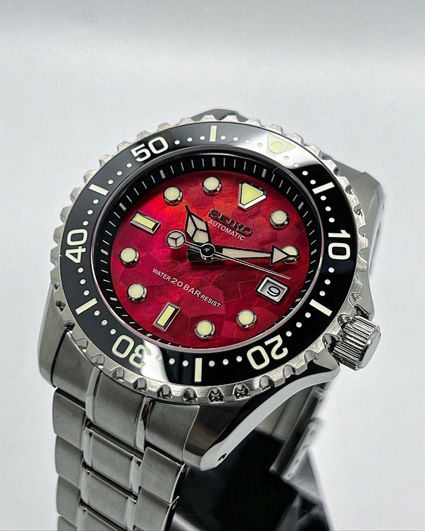 Custom Seiko Mod 44mm Red Pearl GS diver w/ Lumed Bezel, Men's Fashion ...
