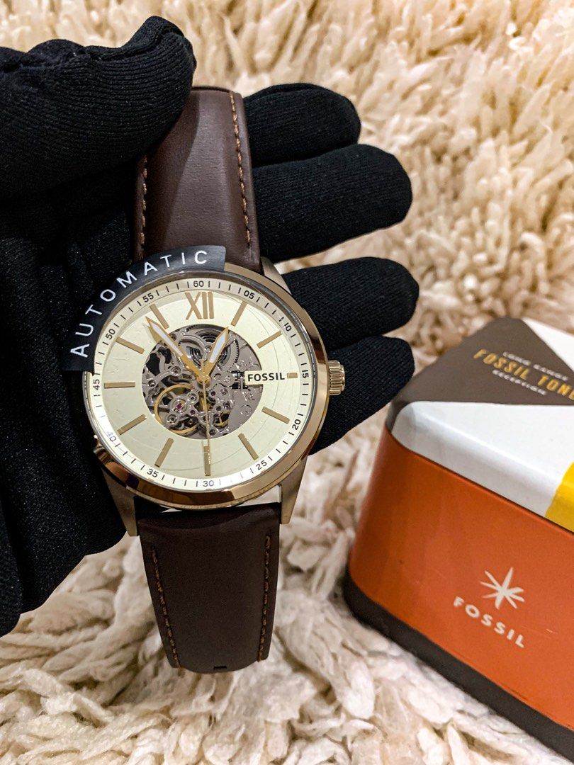 Fossil 48mm Flynn Automatic Brown Leather Watch, Luxury, Watches on Carousell