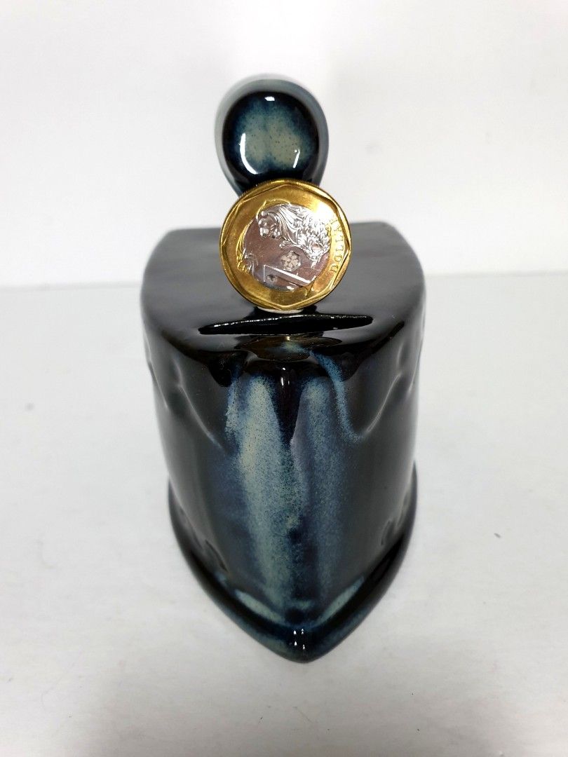 Interesting clay ceramic glazed vintage style rod iron coins piggy bank ...