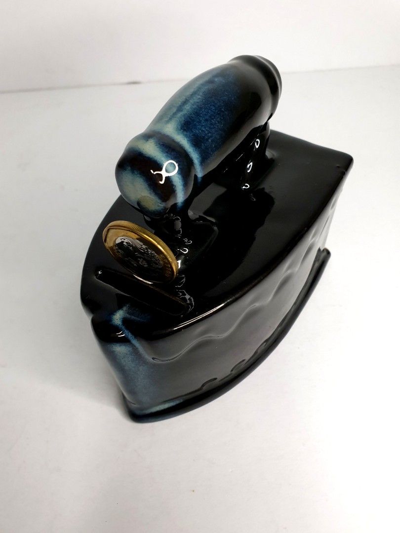 Interesting clay ceramic glazed vintage style rod iron coins piggy bank ...
