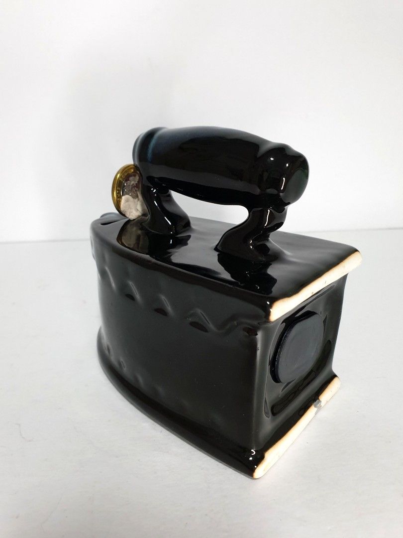 Interesting clay ceramic glazed vintage style rod iron coins piggy bank ...